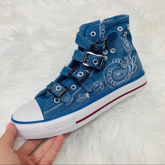 Shoes | Denim Buckle High Top Sneaker | Poshmark